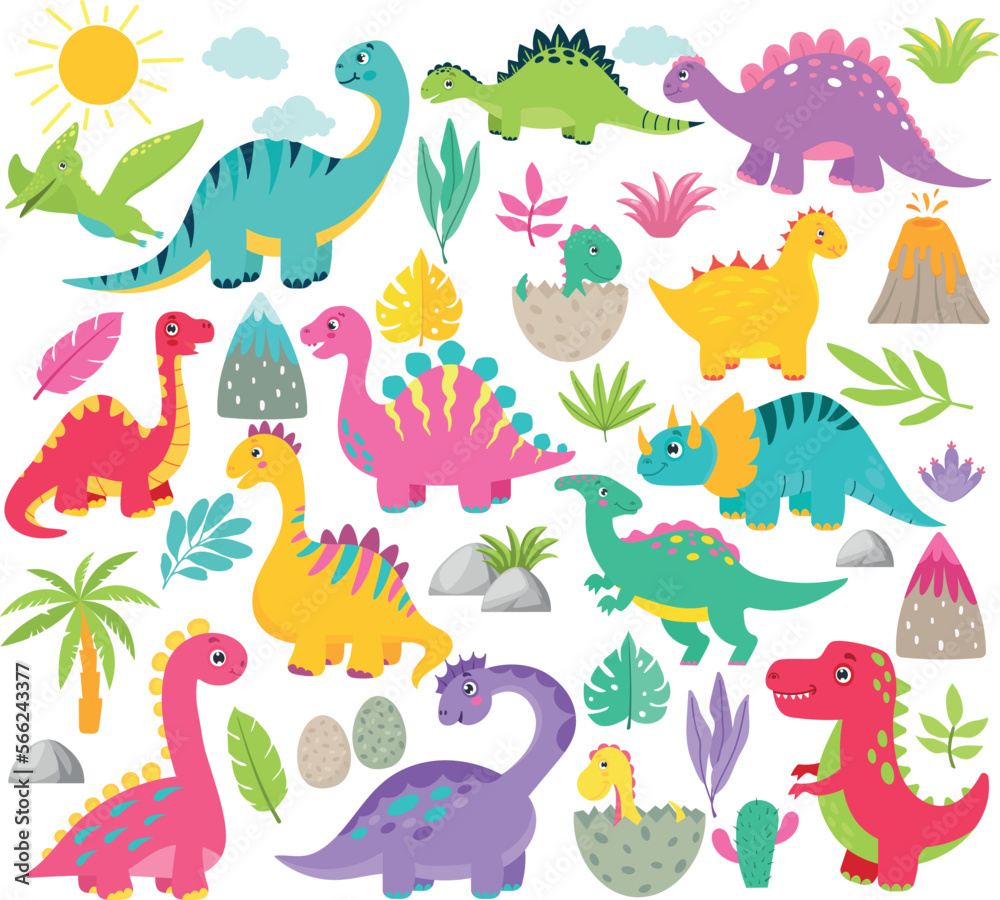 Cute colorful dinosaur set. Ancient world set. Illustrations of bright ...