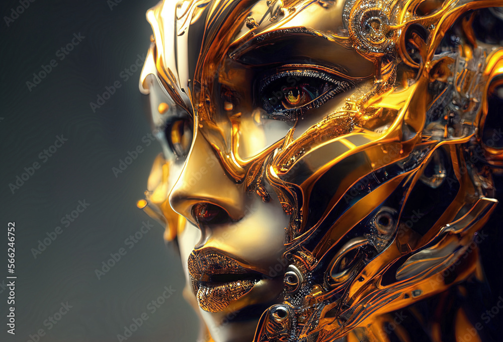 Cyborg robot humanoid goddess with golden assets, microships and ...