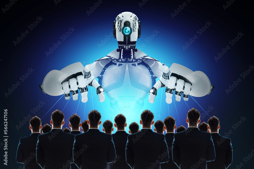 A cyborg robot stretches its arms over a crowd of people, controlling ...