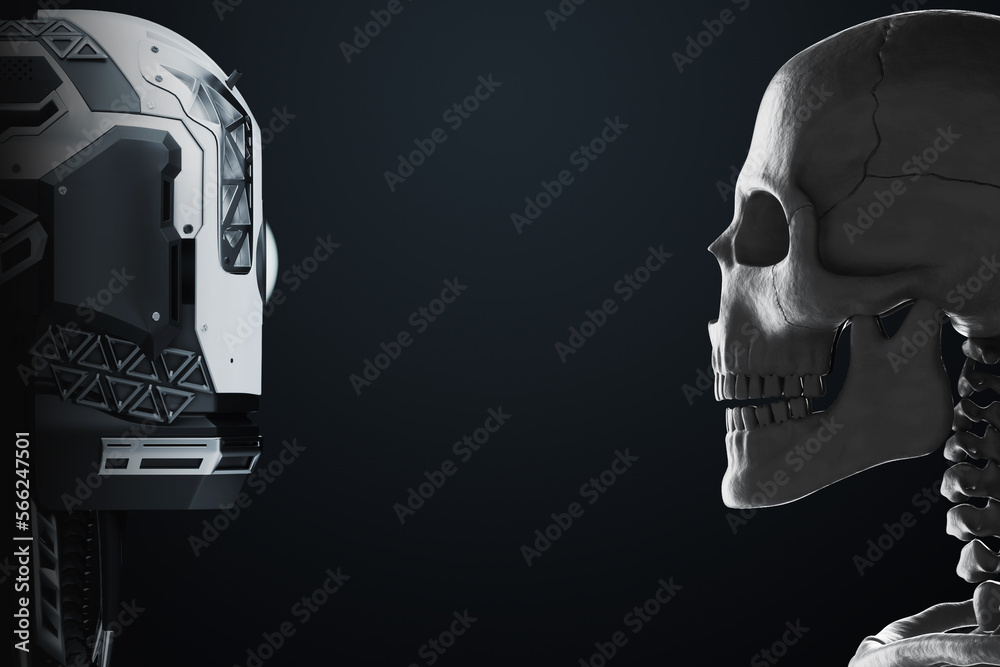 Robot vs. human, robot head against human skull. Concept Ai conflict ...