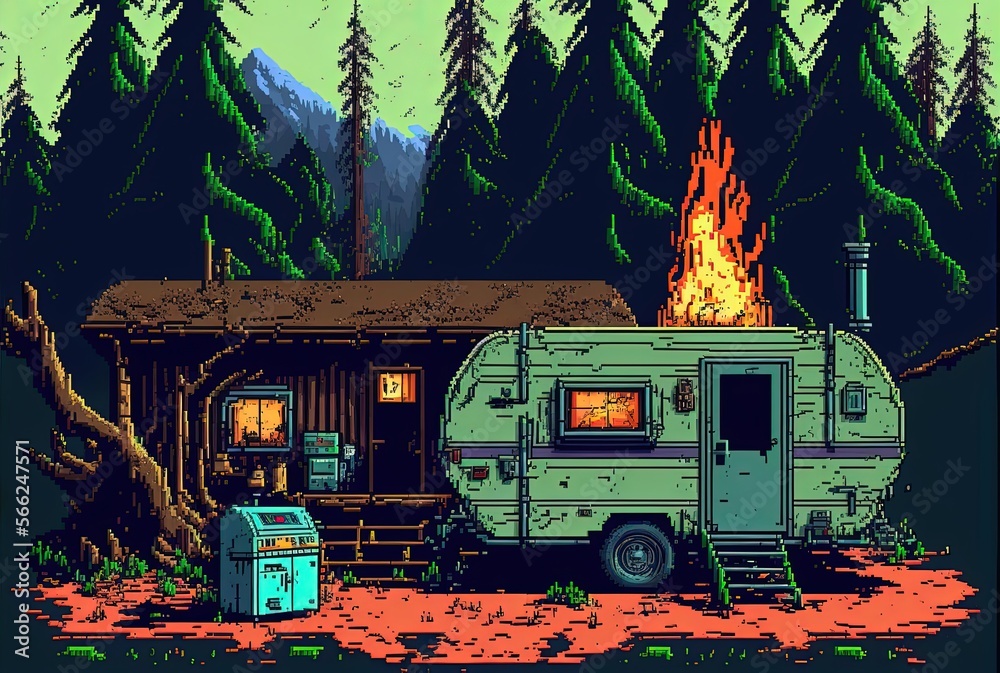 Pixel art post apocalyptic camp trailer, landscape background in retro ...