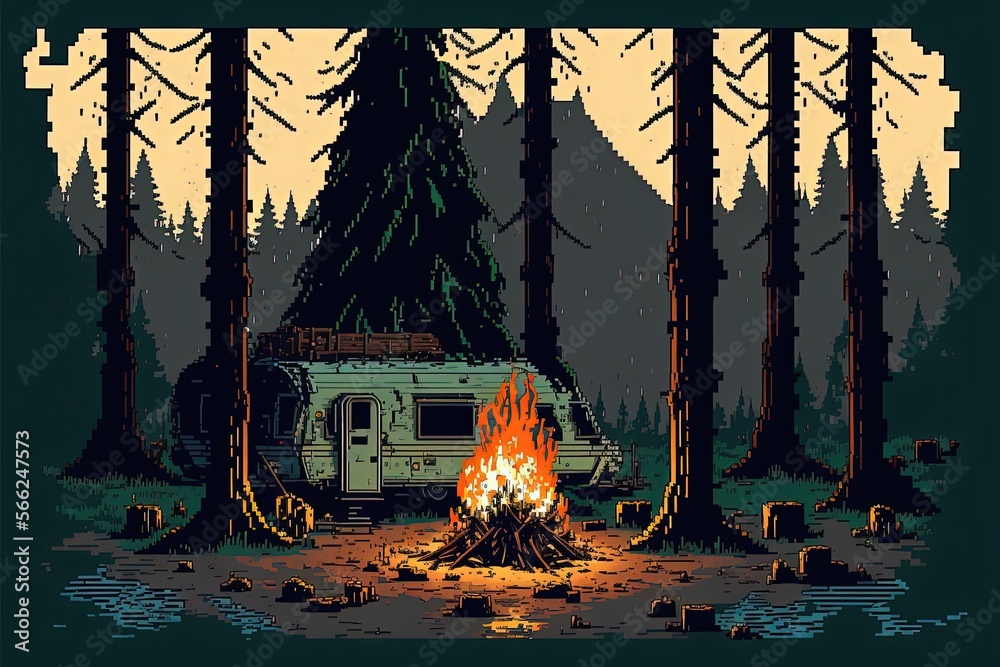 Pixel art post apocalyptic camp trailer, landscape background in retro ...