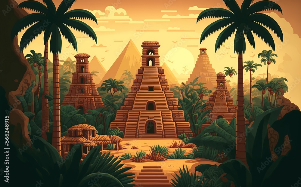 ancient aztec cartoon illustration, pyramid, temple and statues ...