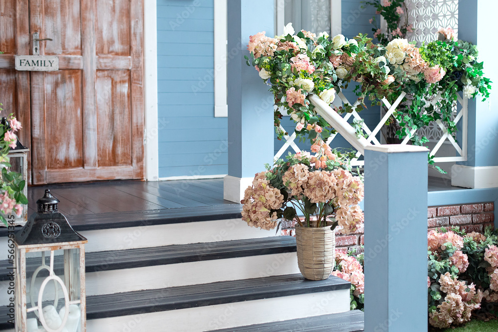 Spring design home with plants and bloom flowers hydrangea in pot on ...