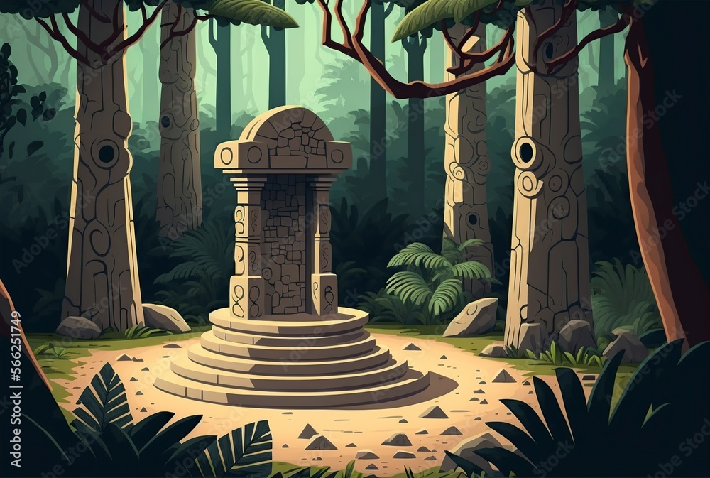 cartoon illustration, ancient ruins with stone platform and pillars ...