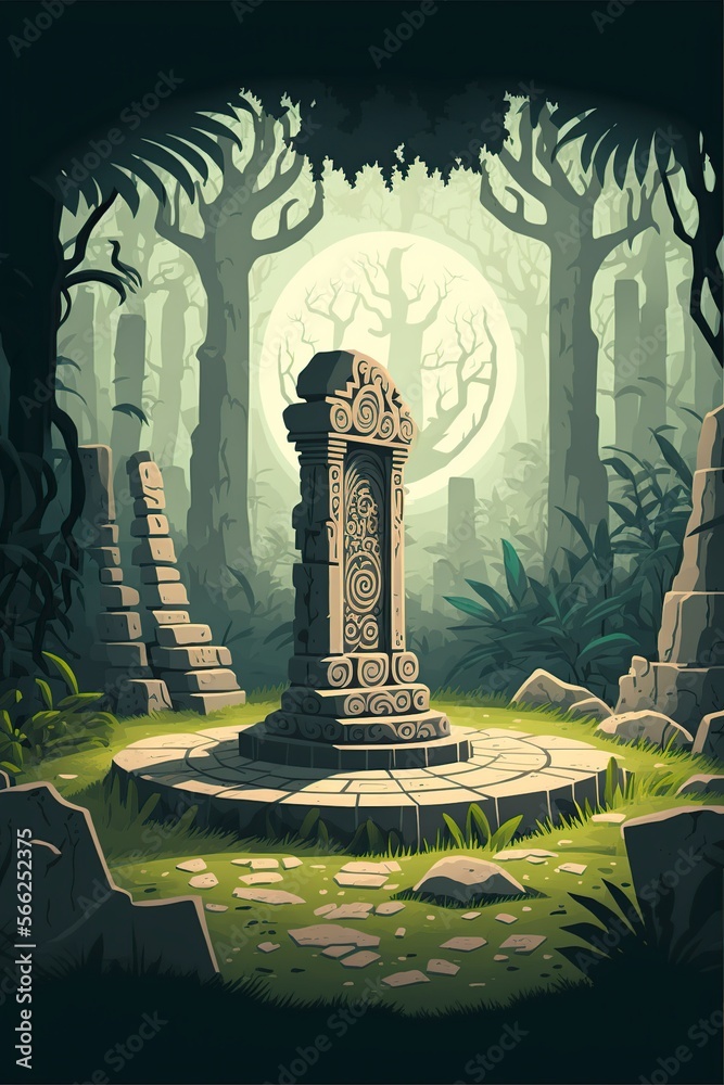 cartoon illustration, ancient ruins with stone platform and pillars ...