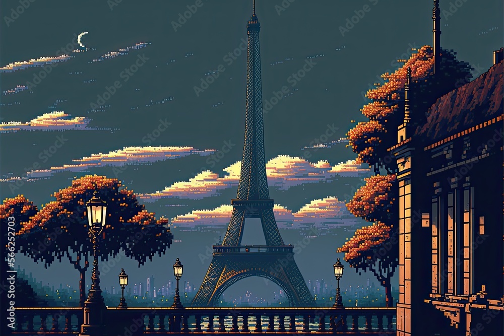 Pixel art Eiffel Tower, public park with trees in Paris, city landscape ...