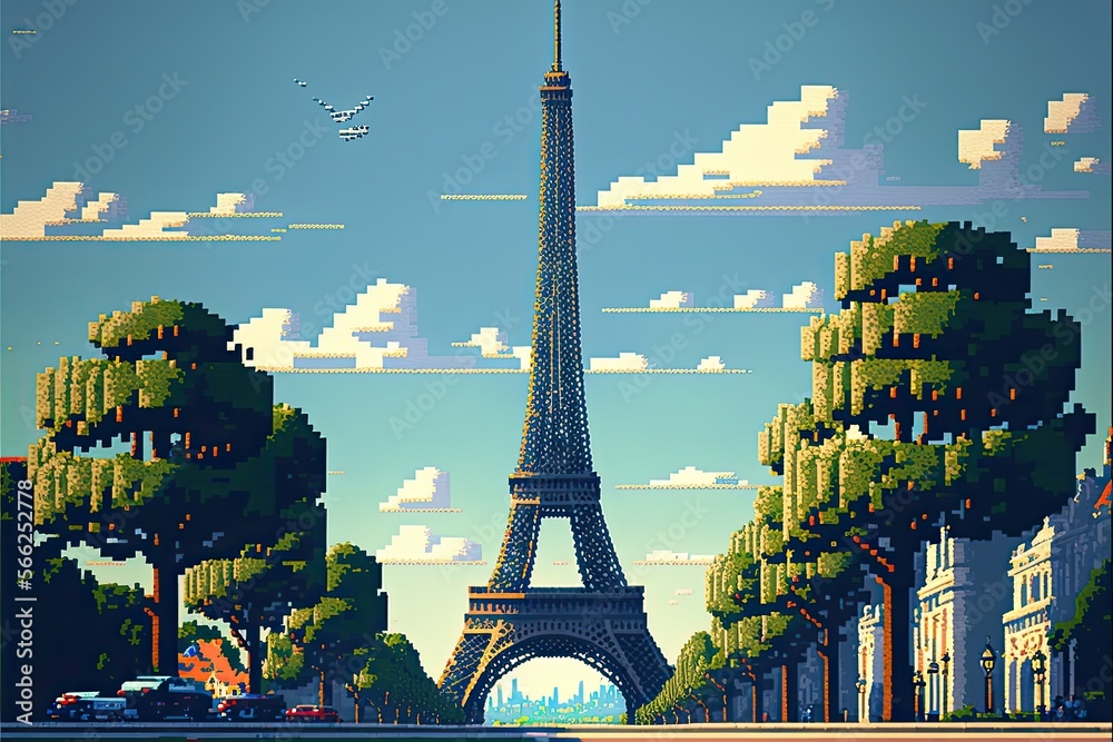 Pixel art Eiffel Tower, public park with trees in Paris, city landscape ...