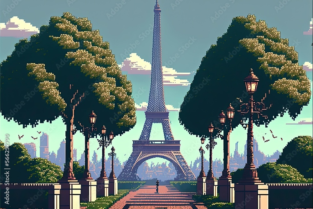 Pixel art Eiffel Tower, public park with trees in Paris, city landscape ...