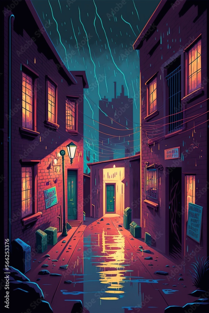 cartoon illustration, back street alley with old town houses in the ...