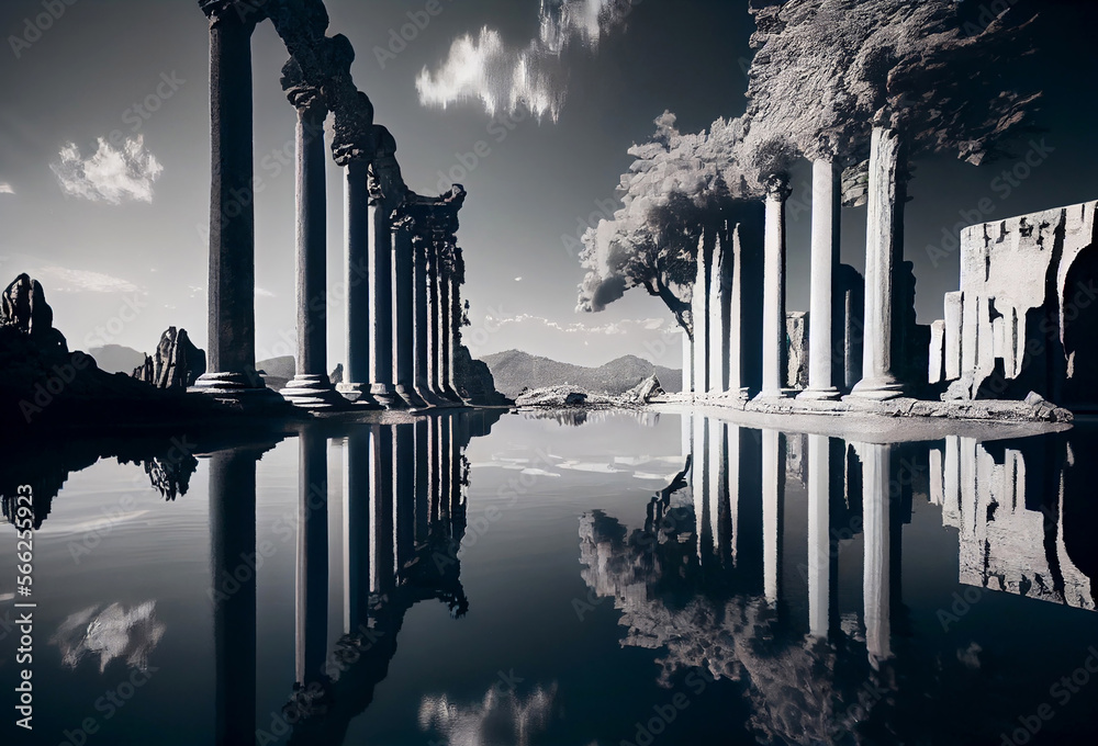 Ancient ruins with waterpool and reflections. Generative Ai Art. Greek ...