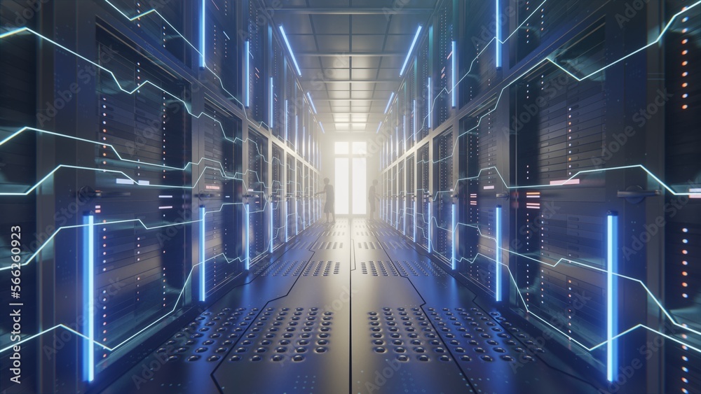Data centers with people working are technology-connected and mining AI ...