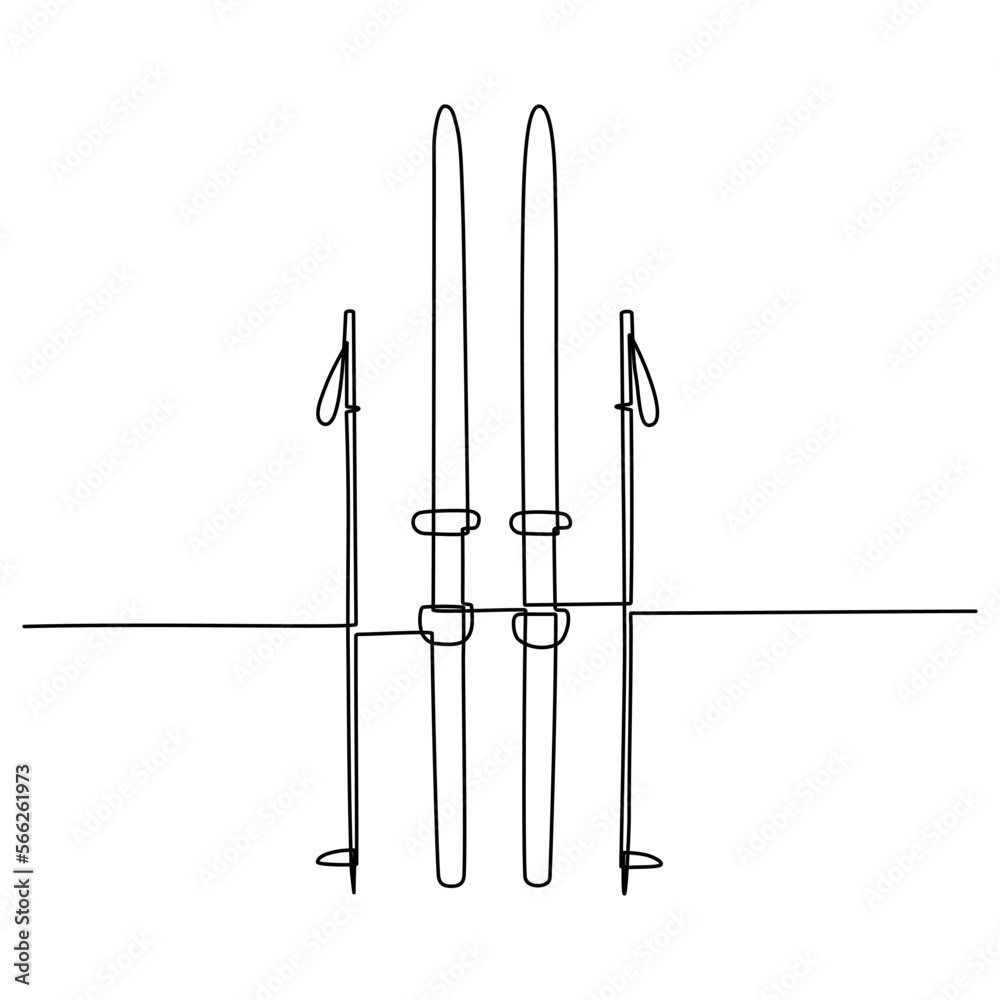 Continuous one line drawing of skis and ski poles. Vector illustration ...