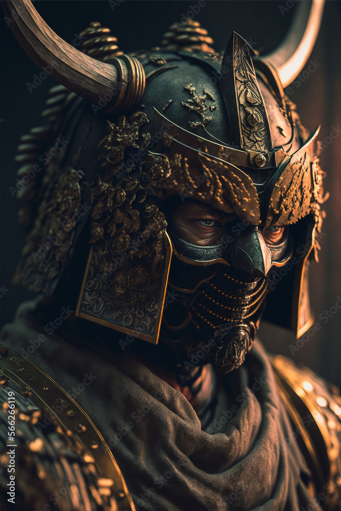 Portrait closeup of a Samurai in a traditional mengu mask, Japanese ...