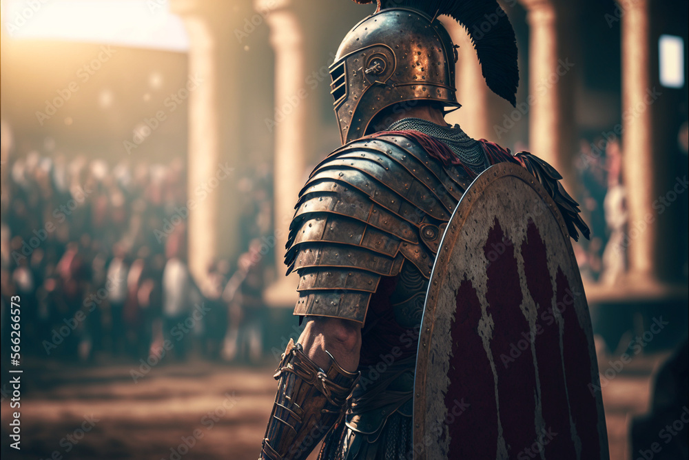 Ancient Roman gladiator enters the arena for fighting, against the ...
