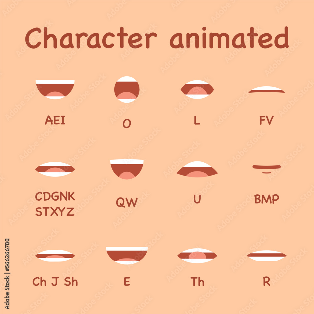 Animation lip sync set. Cartoon talking mouth for character. English ...