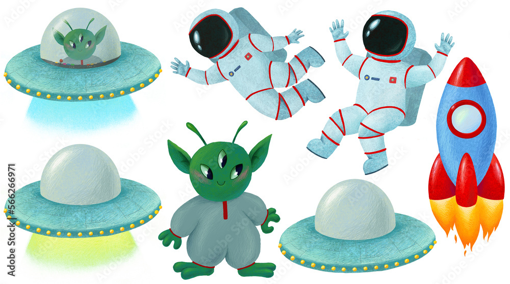 Set of isolated clip art. Space theme. Astronauts, UFO, alien, rocket ...