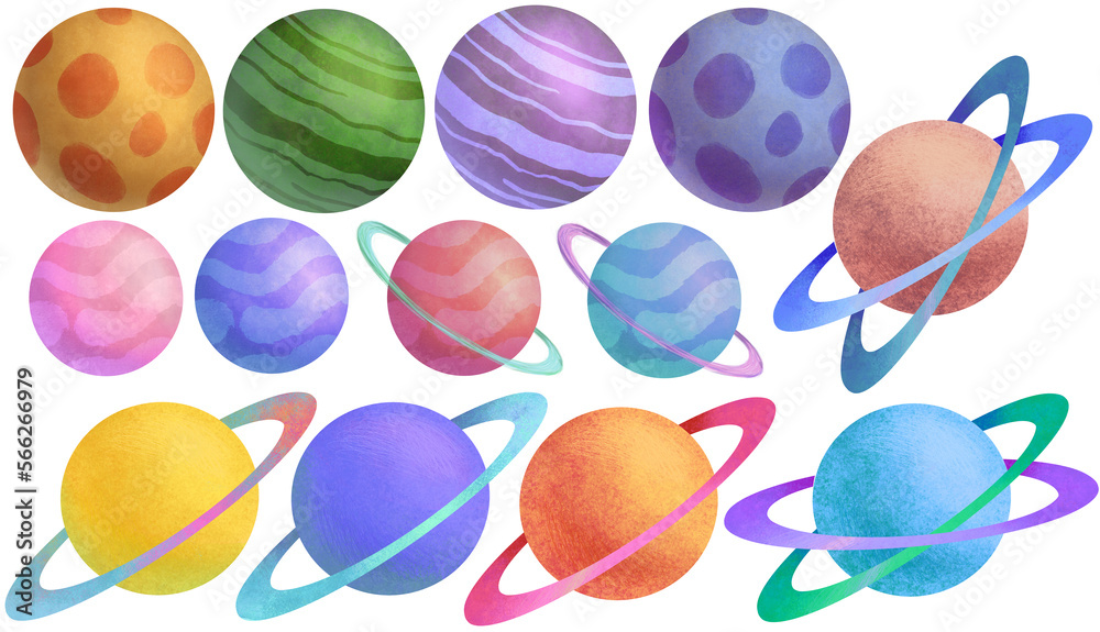 Set of 13 planets, different sizes and colores, planets with rings ...