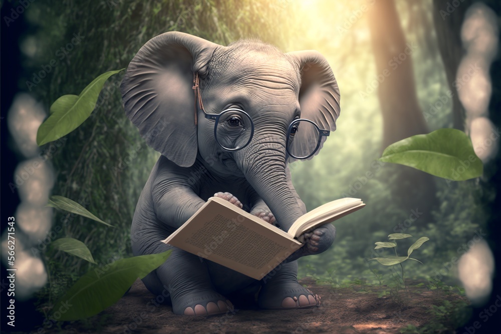 funny picture of an elephant reading Stock Illustration | Adobe Stock