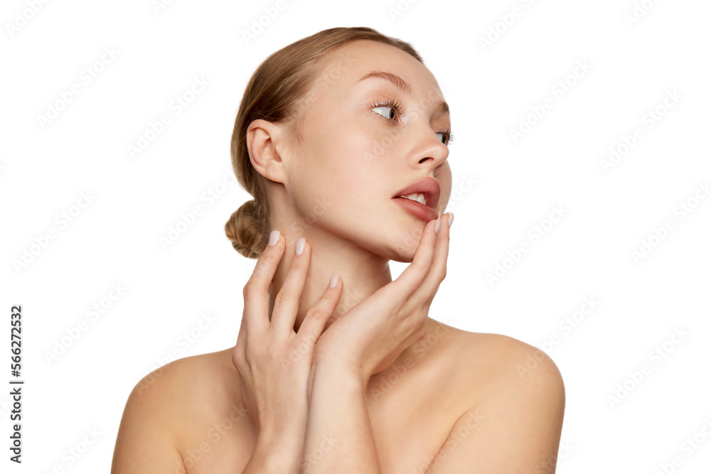 Half-length portrait of young beautiful girl without makeup on face ...