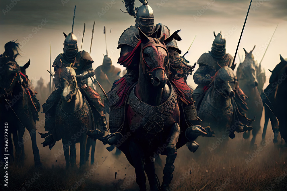 On the muddy grass, a group of heavy cavalry in full body armor ...