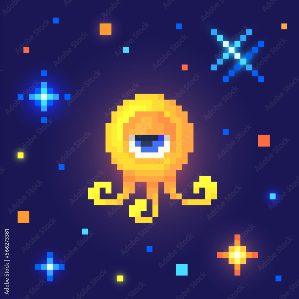 Alien in outer space. Cute monster in pixel art. 8 bit retro style ...
