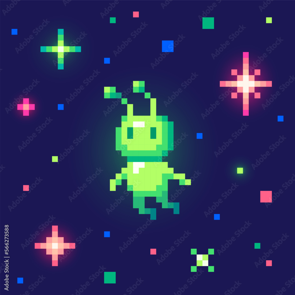 Alien in outer space. Cute monster in pixel art. 8 bit retro style ...