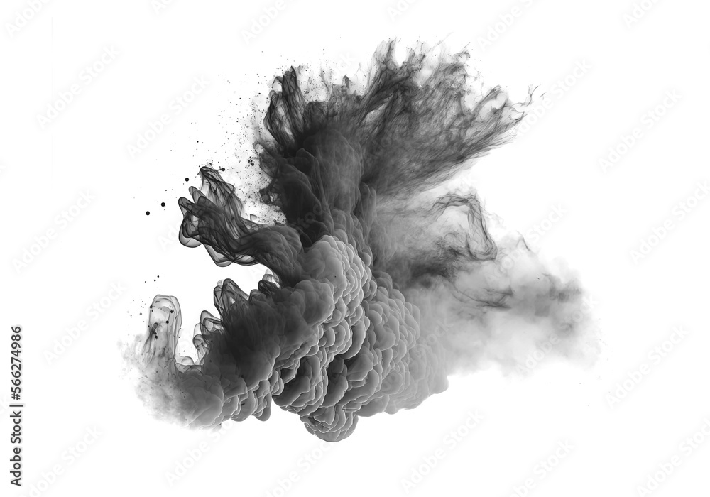 Black smoke explosion on empty white background. Isolated abstract ...