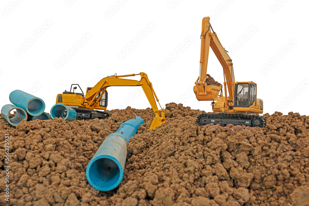 Crawler Excavator is digging soil in construction site with pipeline ...