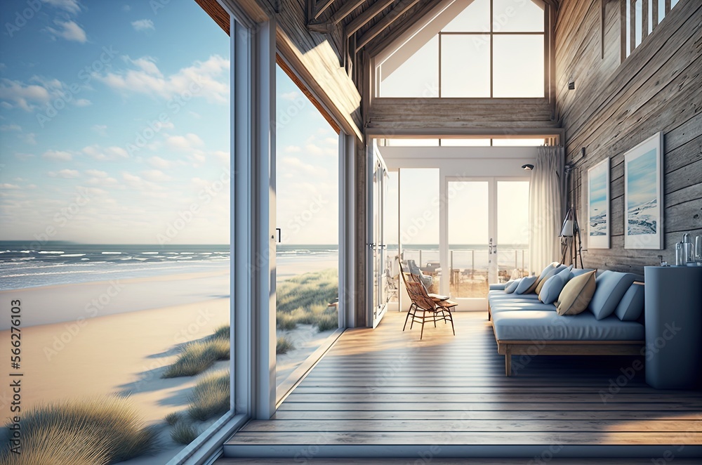Airy beach house with large windows and a wraparound deck, overlooking ...