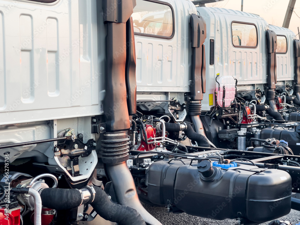 Truck car gearbox inside under the hood chassis clean. View on chassis ...