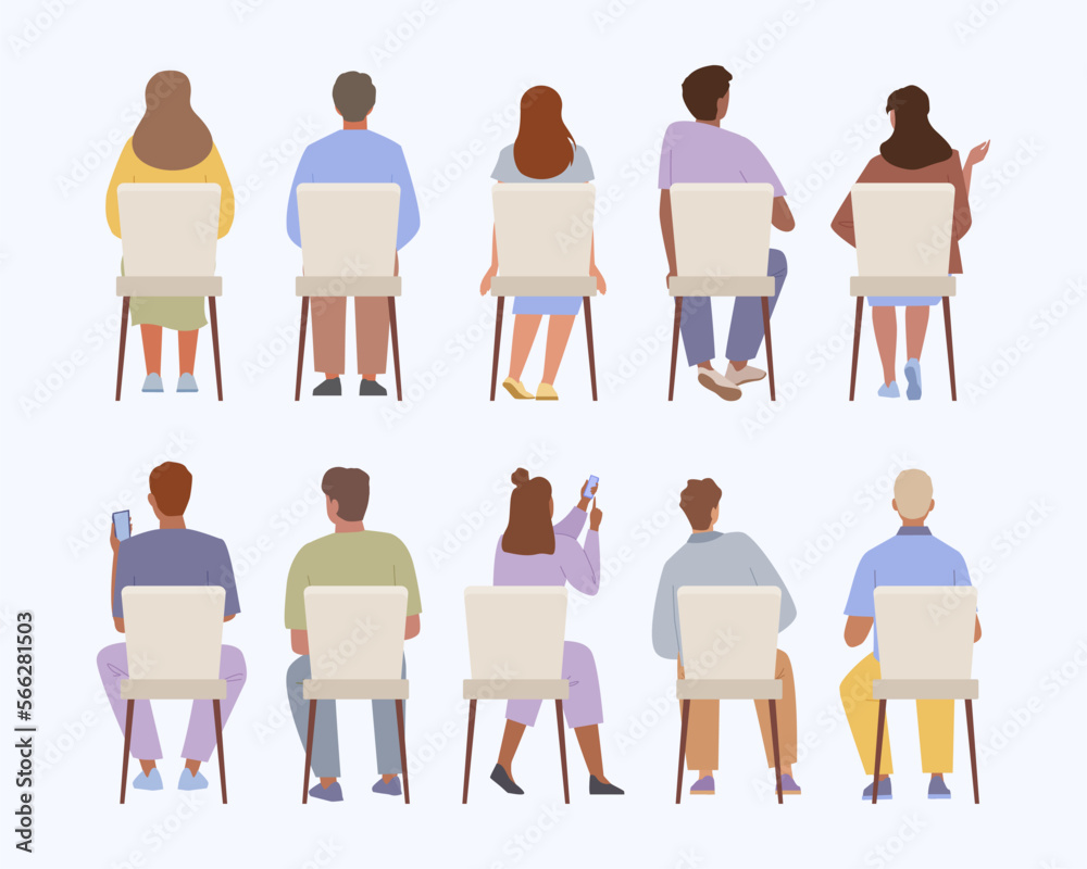 back view characters. people sitting on chairs. Vector cartoon person ...