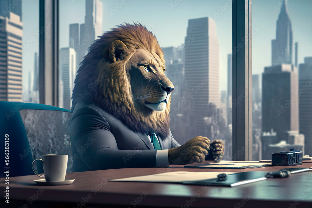 Lion wearing suit in office , Businessman lion sitting at office ...