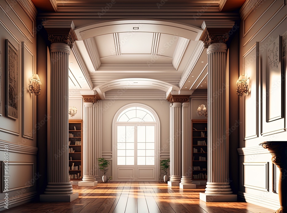 interior of the library's grand foyer with columns and high ceiling ...