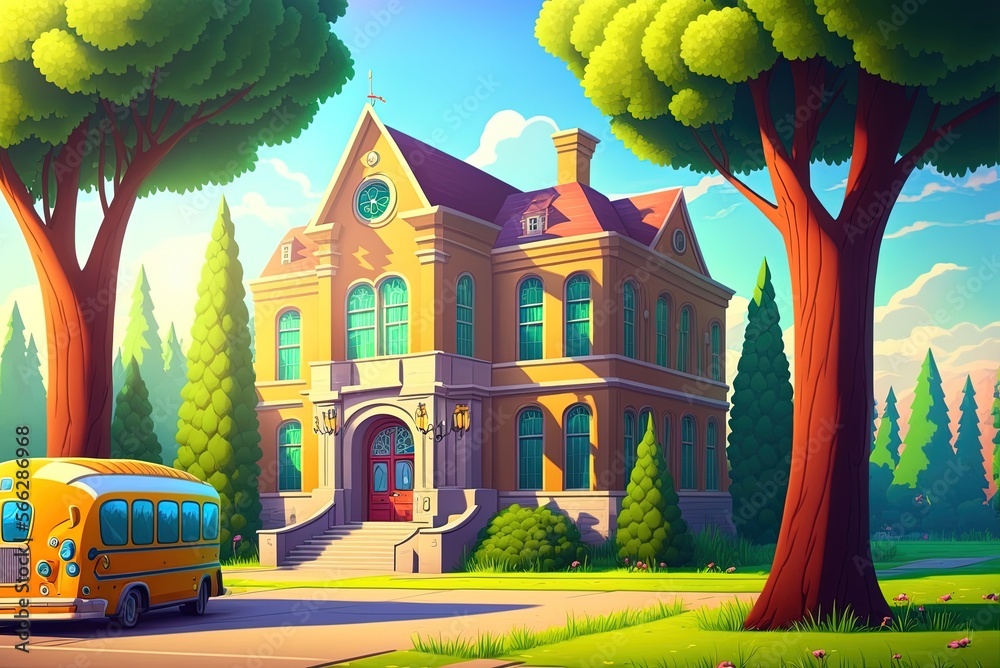 Outdoor park and schoolhouse are shown in this cartoon with a back-to ...