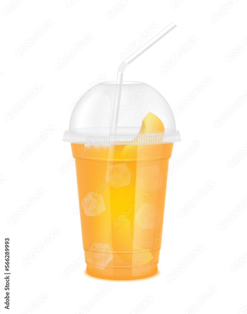 Fruit juice in clear plastic transparent cup and ice with sphere dome ...