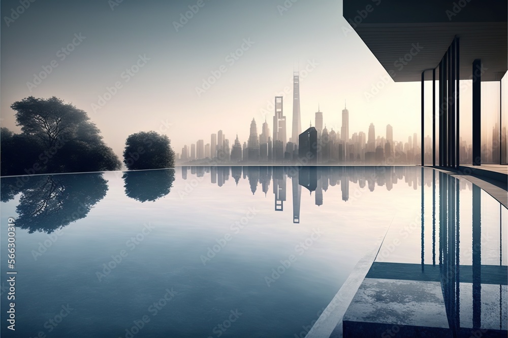 Modern infinity edge pool with a view of the skyline , concept of Glass ...