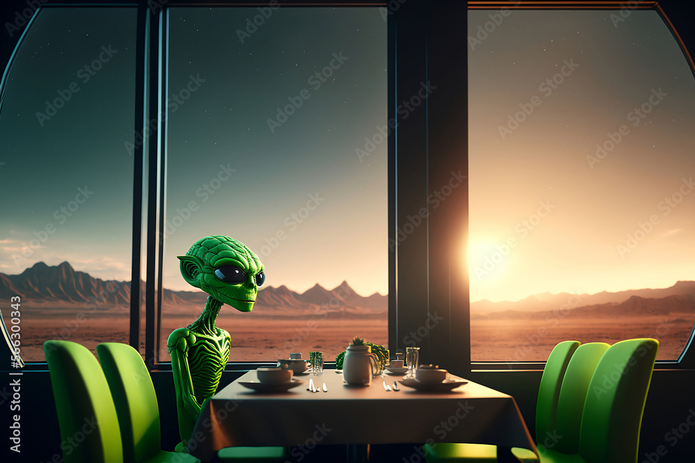 green alien in cafe with big window Stock Illustration | Adobe Stock