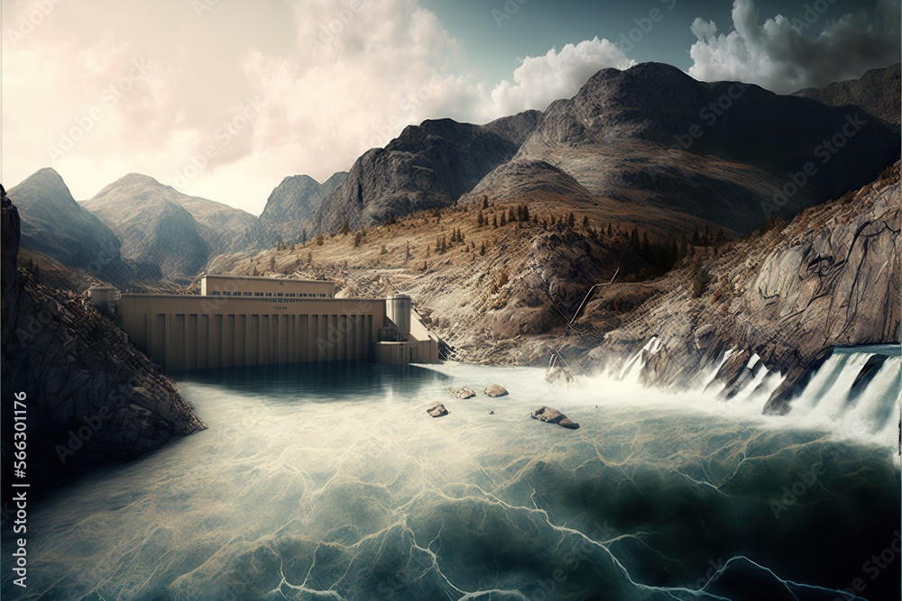 Panoramic shot of a hydroelectric dam with a river flow, concept of ...