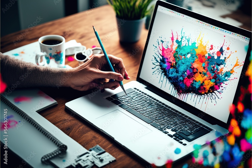 Person using a computer to design a logo with a paintbrush, concept of ...