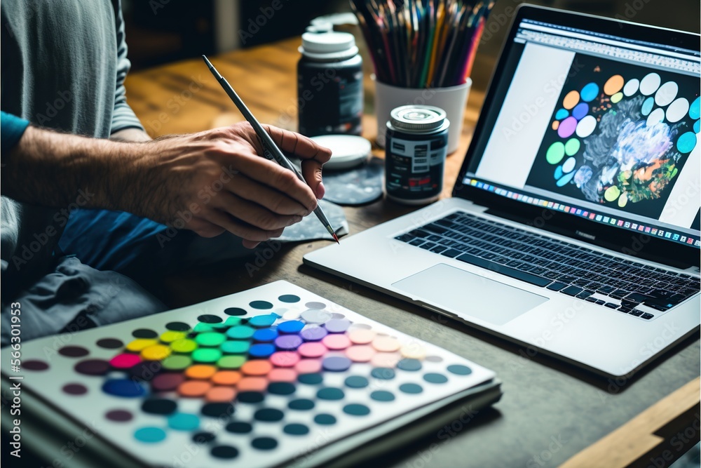 Person using a computer to design a logo with a paintbrush, concept of ...