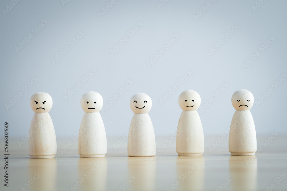 Smiling figure among many emotion. Happy and enjoy stand center on the ...