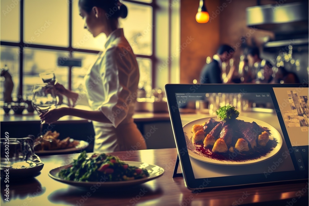 Person using a tablet to order food at a restaurant with kitchen on ...