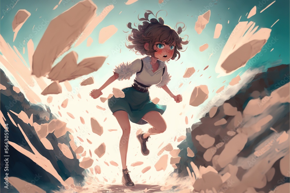 adventure girl stunned by the landslide and falling rocks , digital art ...