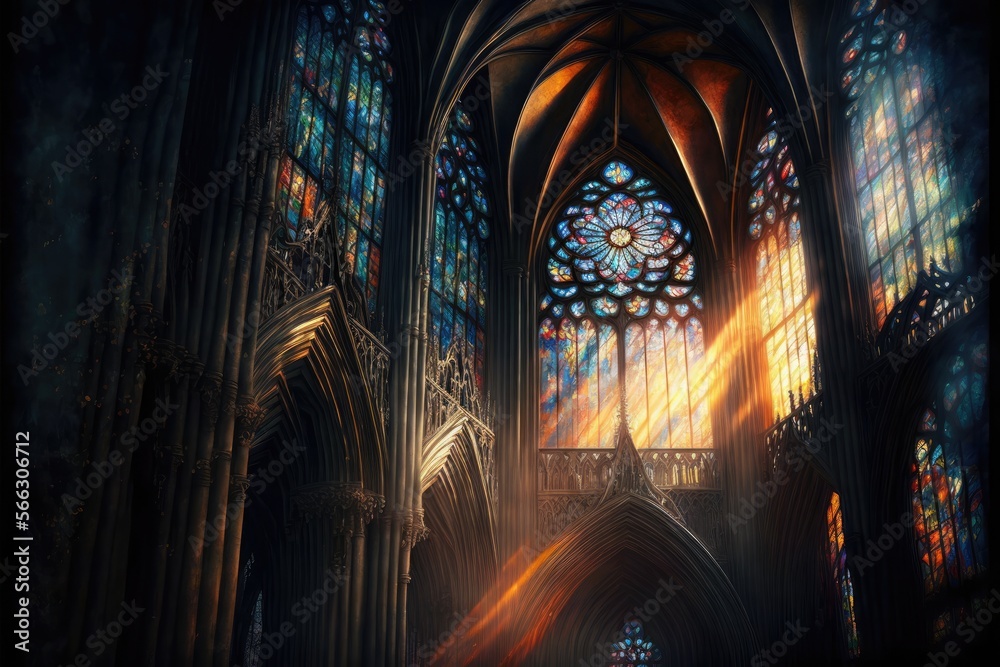 Golden light entering the rosetta window. Gothic cathedral interior ...