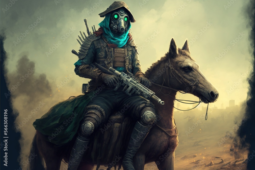 apocalypse warrior in a cloak with gas mask holding a gun sitting on ...