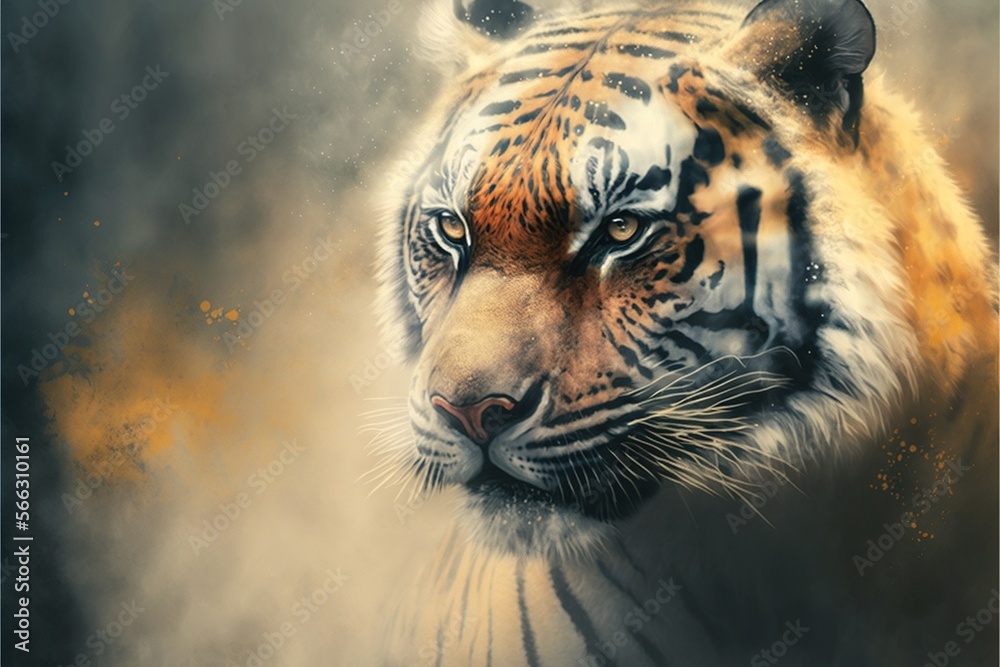 a painting of a tiger's face with yellow and black spots on it's fur ...