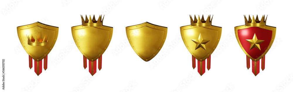 3D golden shield set, level up game badge, realistic metal render ...
