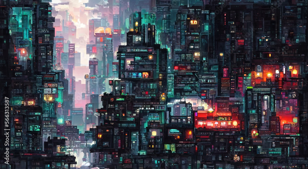 Cyberpunk neon city night. Futuristic city scene in a style of pixel ...