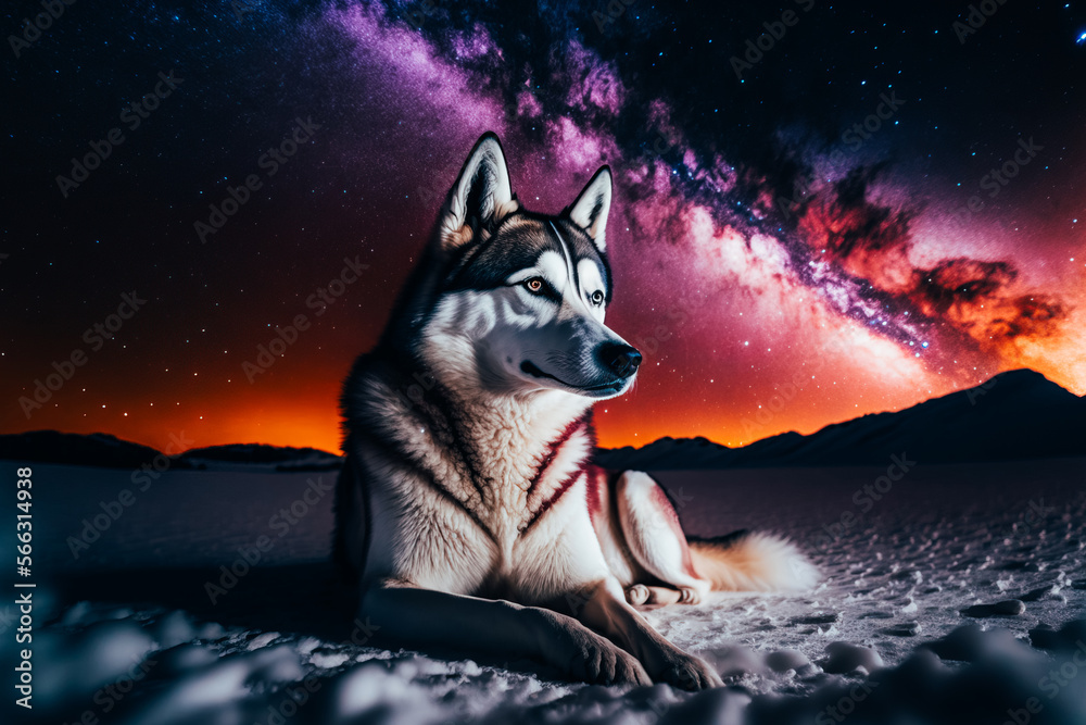 husky sat down in snow sea ice milky way long exposure star trails ...